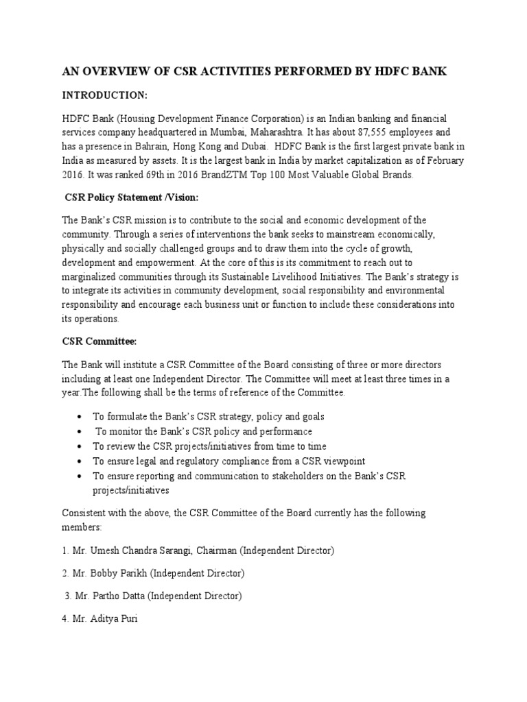 An Overview of CSR Activities Performed by HDFC Bank | PDF | Corporate ...