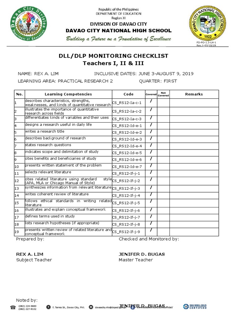 DLL/DLP Monitoring Checklist Teachers I, II & III | PDF | Inquiry ...