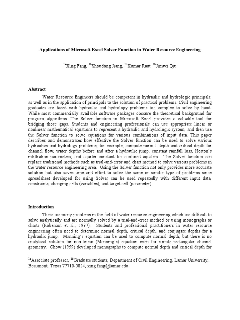 Excel Solver in Water Resource Engineering | PDF | Nonlinear System ...