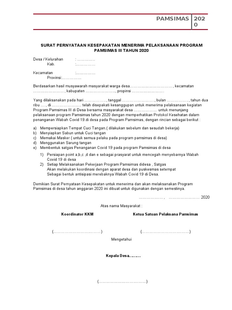5.surat Pernyataan Menerima Program Pamsimas Desa (KKM) | PDF | Griya ...