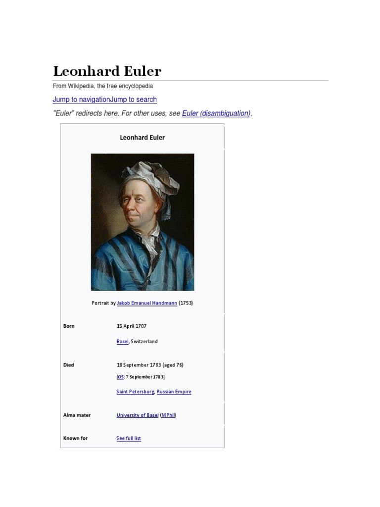 Leonhard Euler: Jump To Navigationjump To Search | PDF | Leonhard Euler ...
