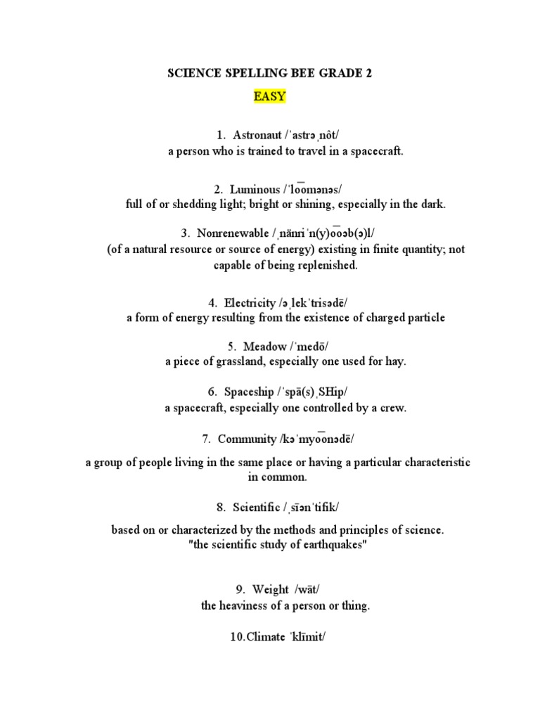 Science Spelling Bee Grade 2 | PDF | Sky | Tropical Cyclones