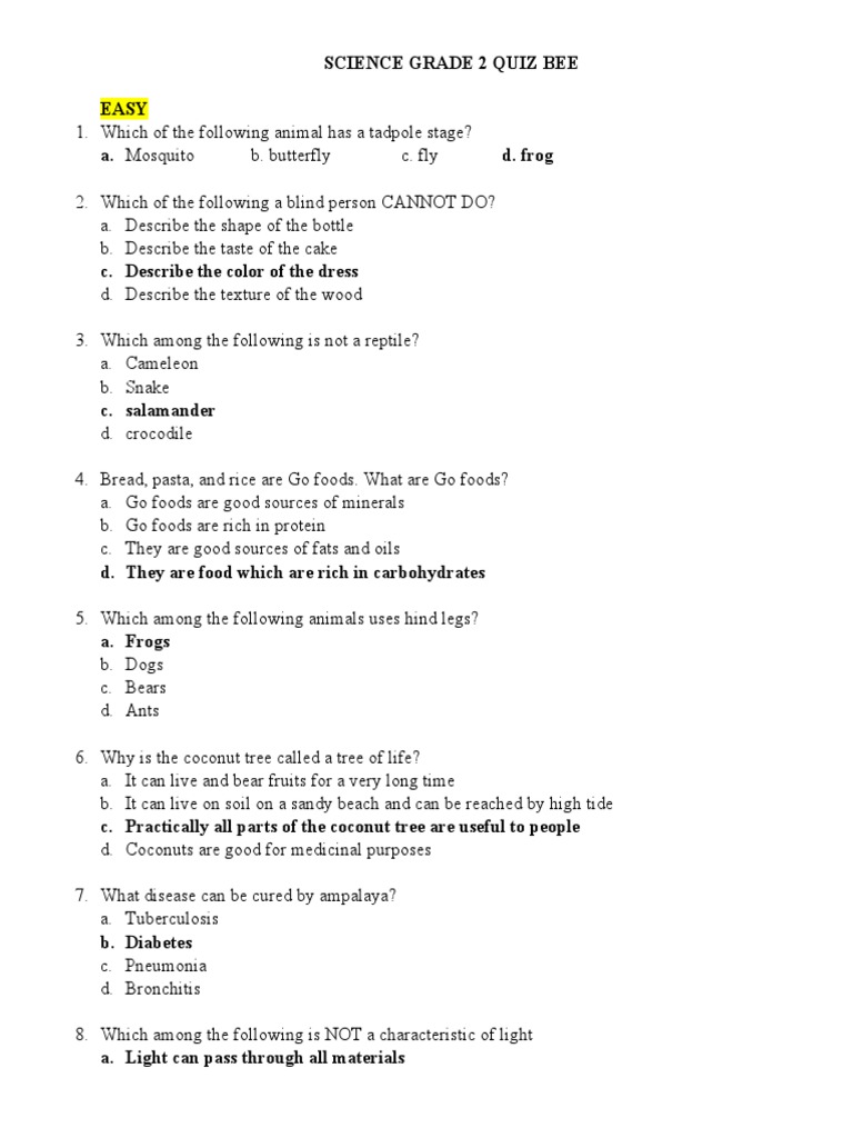 Science Grade 2 Quiz Bee | PDF | Asteroid | Foods