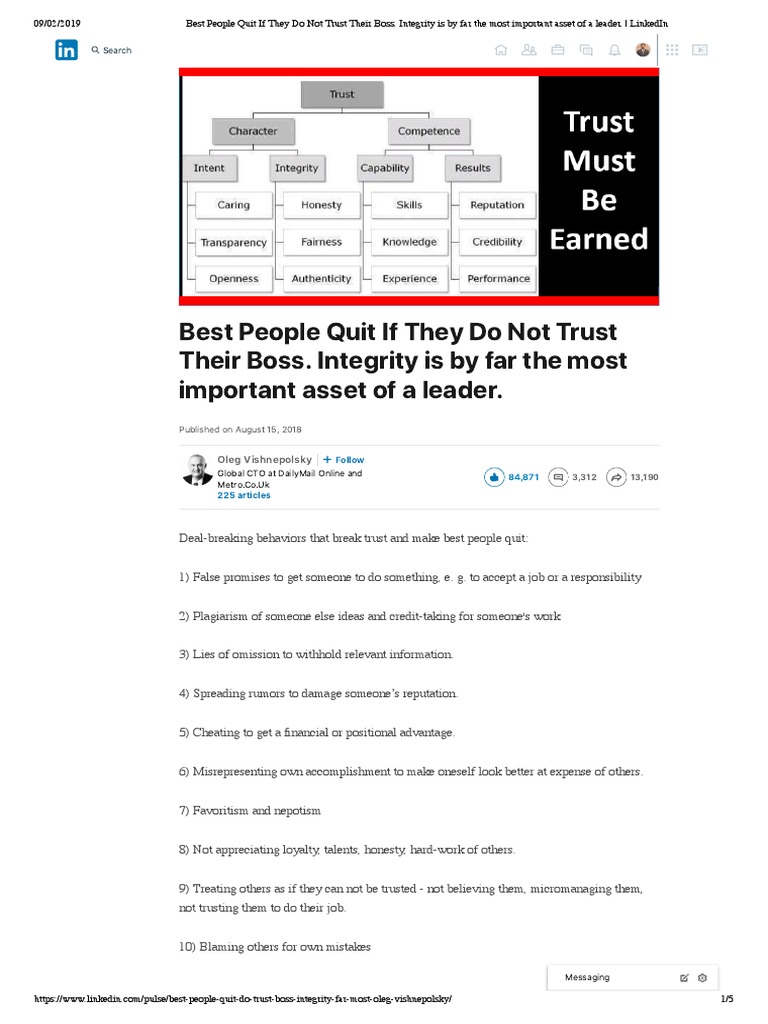 Best People Quit If They Do Not Trust Their Boss. Integrity Is by Far ...
