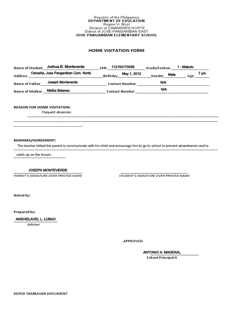Home Visitation Form: Joshua B. Monteverde | PDF | Social Institutions ...
