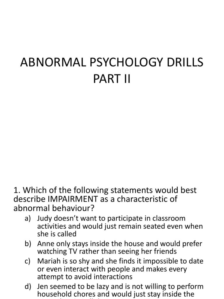 Abnormal Psychology Drills Part 2 | PDF | Personality Disorder | Mental ...