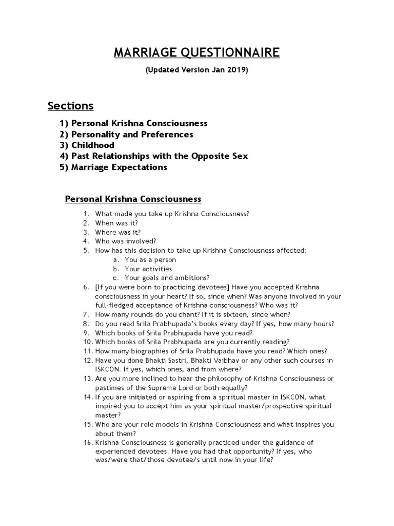 Marriage Questionnaire: Sections | PDF