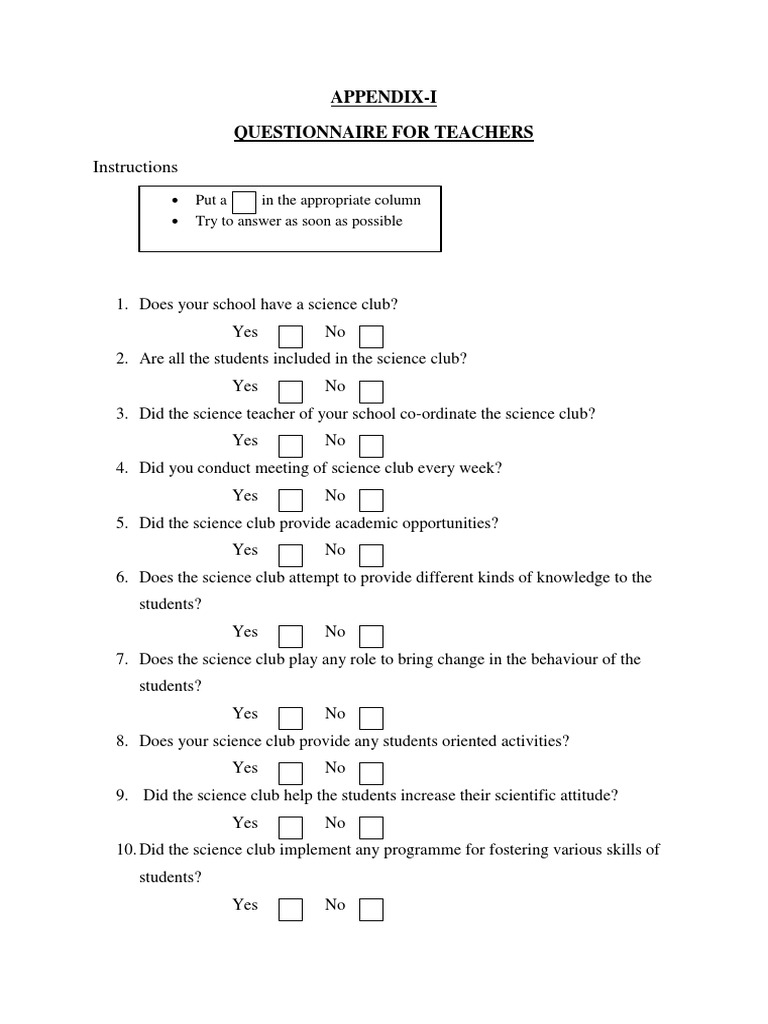 Instructions: Appendix-I Questionnaire For Teachers | PDF | Creativity ...