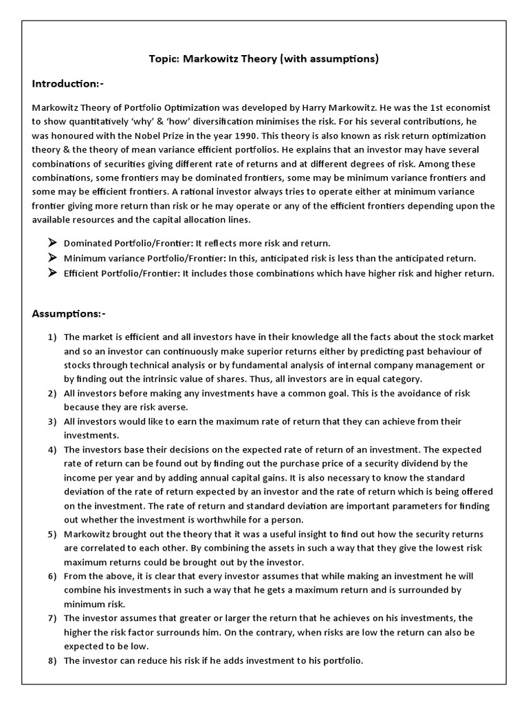 Topic: Markowitz Theory (With Assumptions) Introduction | PDF | Modern ...