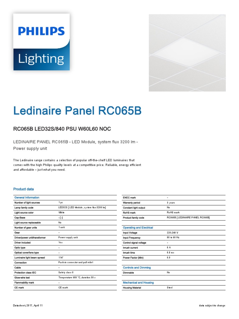 Lighting Lighting: Ledinaire Panel RC065B | PDF | Power Supply ...
