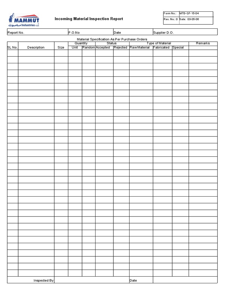 Incoming Material Inspection Plan MTD-QF-15-04 | PDF