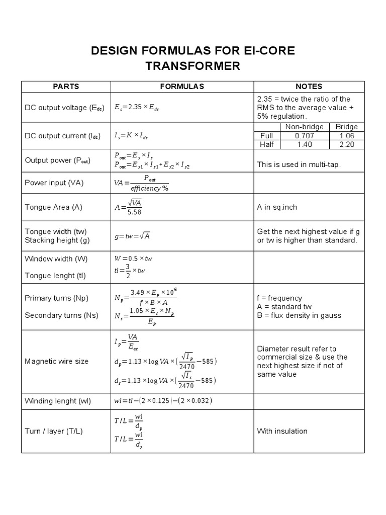 Design Formulas For Full Wave Ei Core Transformer - New | PDF ...