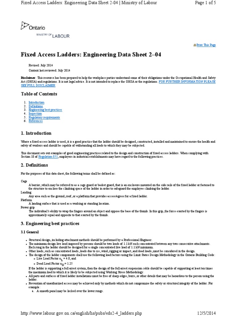 Ladders Engineering Data Sheet Ontario - 2014 | PDF | Occupational ...