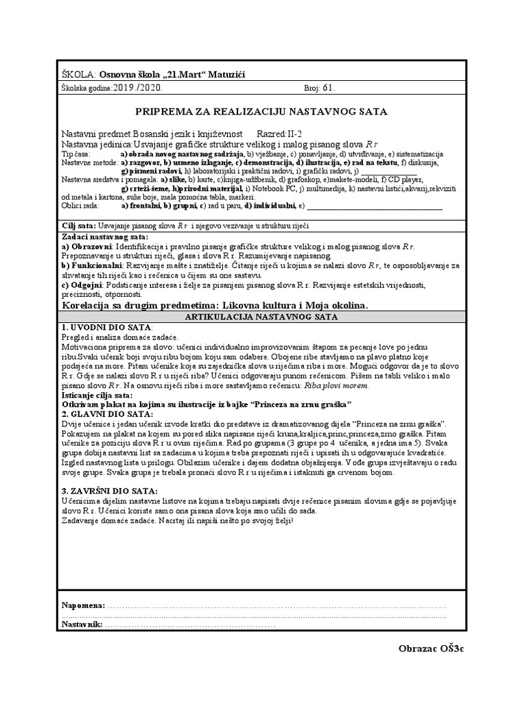 Priprema za realizaciju nastavnog sata OŠ3c 4 | PDF