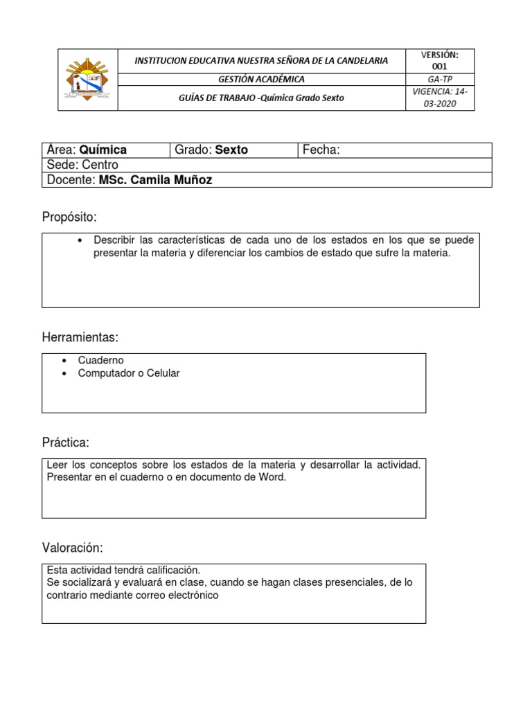 Hoja De Trabajo Sobre Los Estados De La Materia En Formato Pdf GUIA