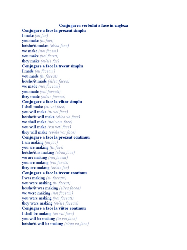 Conjugarea Verbului A Face in Engleza | PDF