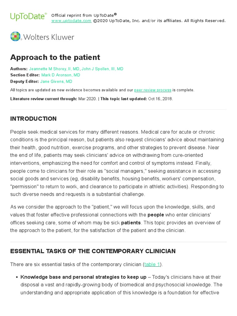 Approach To The Patient - UpToDate | PDF | Medical Diagnosis | Health Care