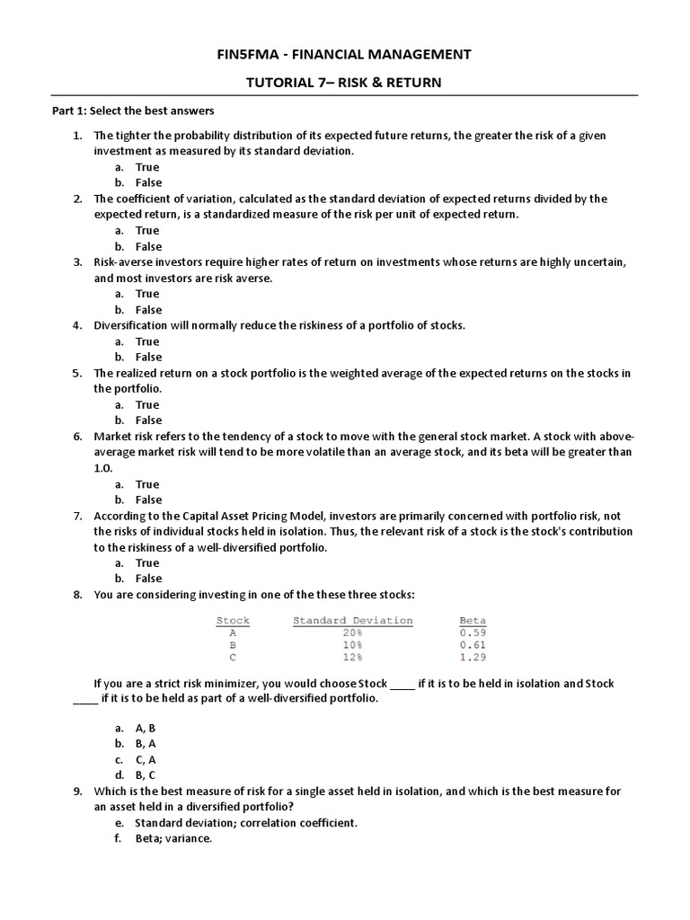 Tutorial 7 Risk & Return & CAPM SV | PDF | Beta (Finance) | Capital ...