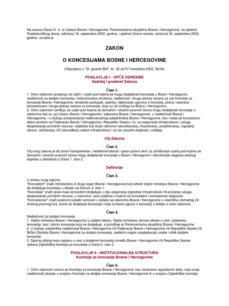 Zakon o Koncesijama Bih | PDF