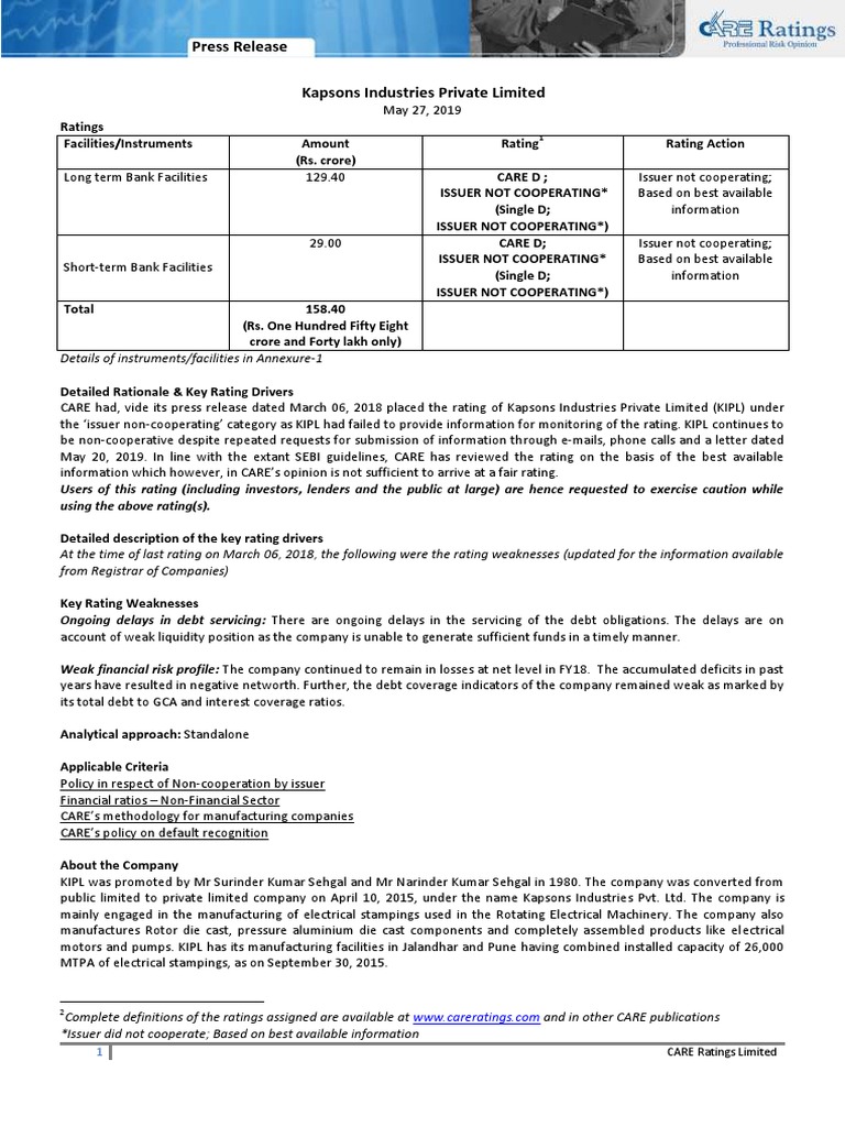 Kapsons Industries Private Limited-05-27-2019 | PDF | Credit Rating ...