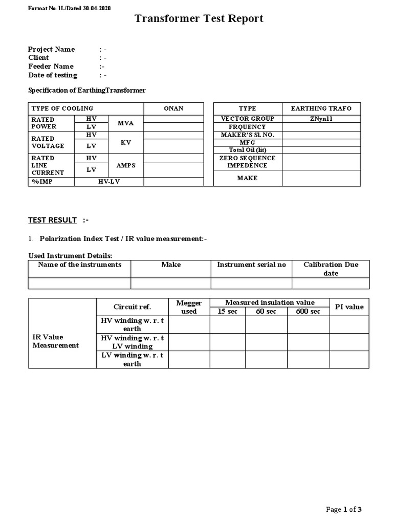 Earthing Transformer (ZNyn11) ZigZag Transformer Report Sample | PDF ...