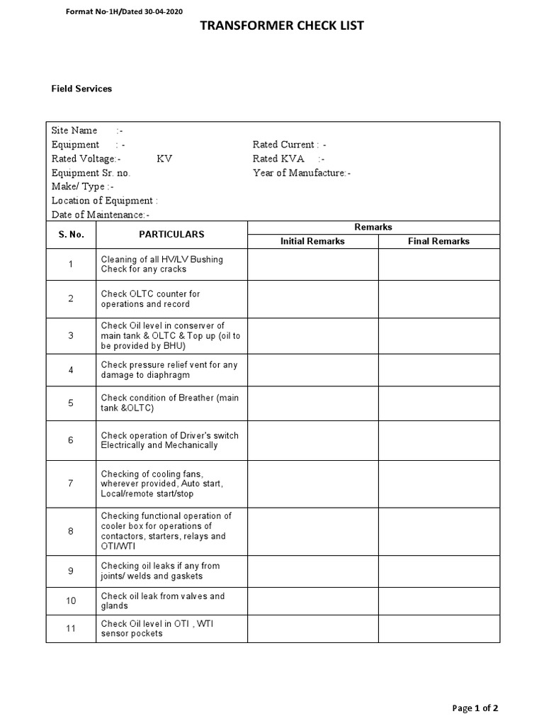Transformer Check List | PDF | Transformer | Switch