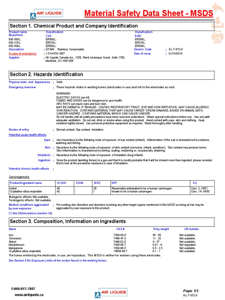 AIR LIQUIDE (MSDS) GTAW-BLUESHIELD 308L-309L-316L Expires 17-01-13 ...