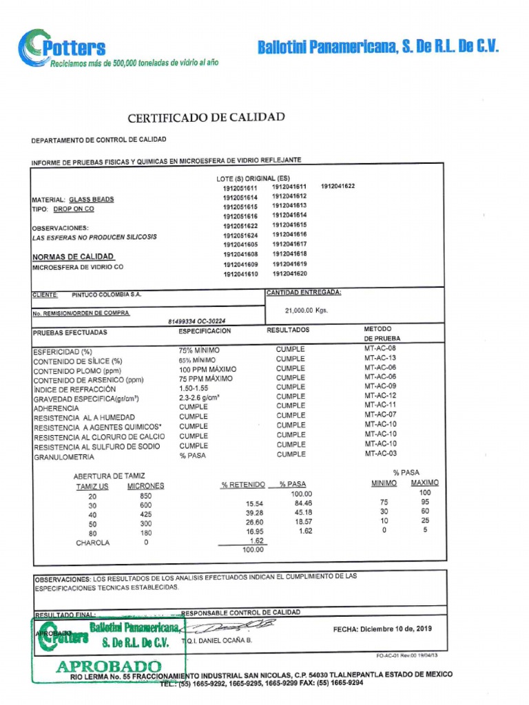 Ballotini - CERTIFICADOS DE CALIDAD 26-02-2020 | PDF
