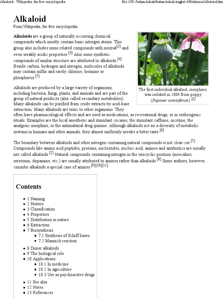 Alkaloid - Wikipedia, The F... | PDF | Alkaloid | Organic Compounds