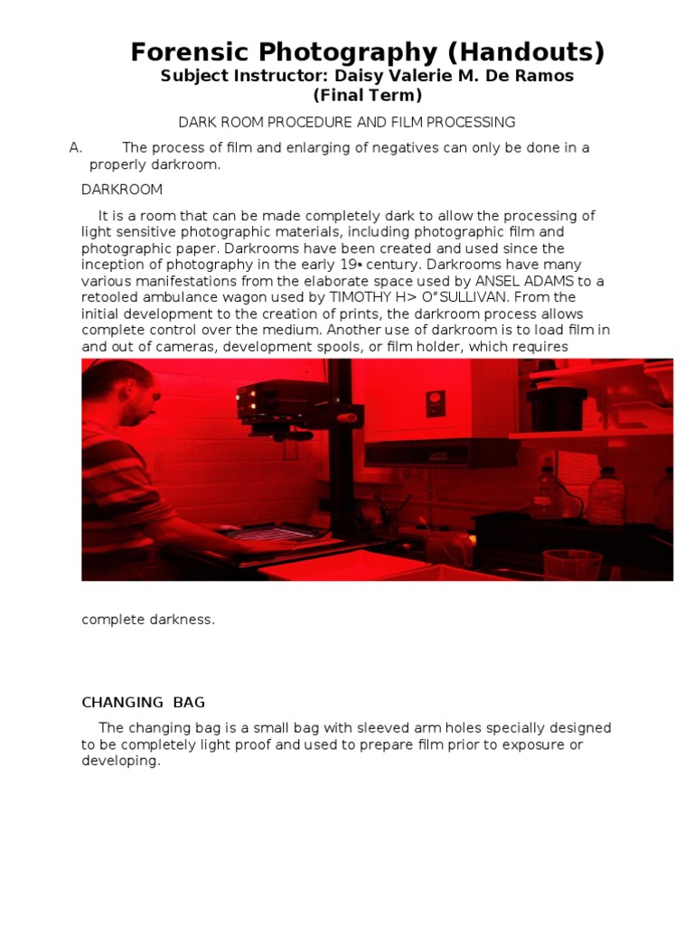 (DARK ROOM PROCEDURE AND FILM PROCESSING) Forensic Photography | PDF ...