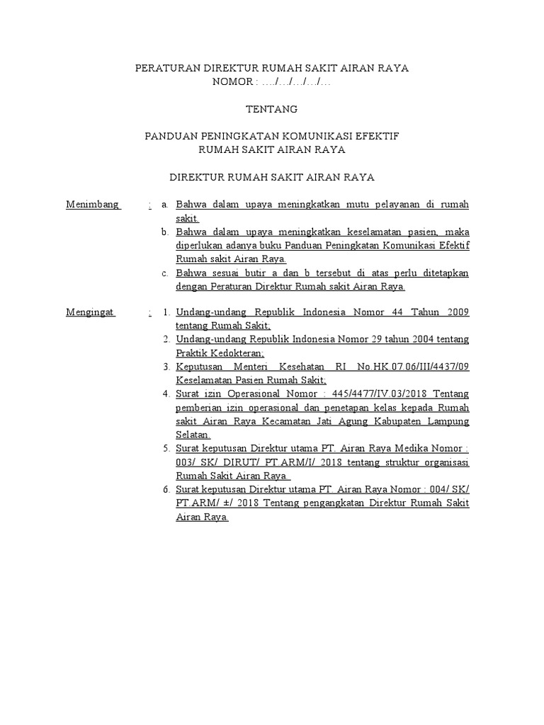 Peraturan Direktur Rumah Sakit Airan Raya | PDF