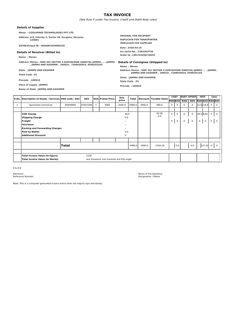 Cw-Invoices Invoice 6730051 CWI1903736 Gif4us PDF | PDF | Invoice ...