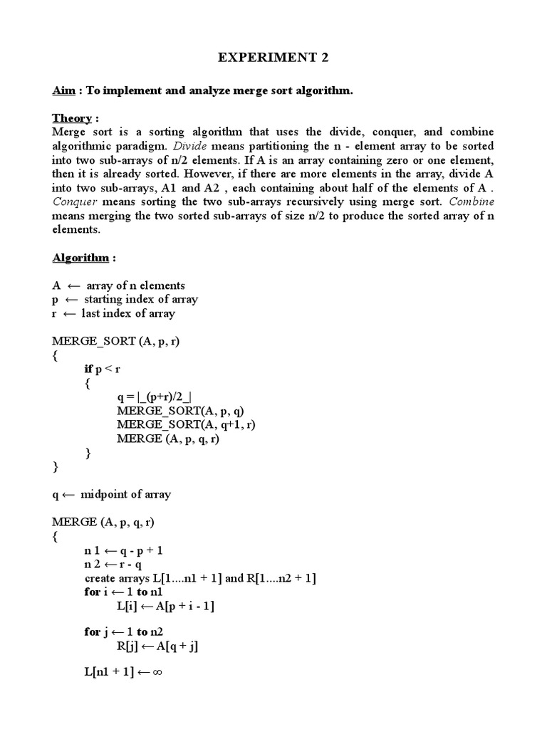 Experiment 2 Aim To Implement And Analyze Merge Sort Algorithm Theory Pdf Time Complexity 7909