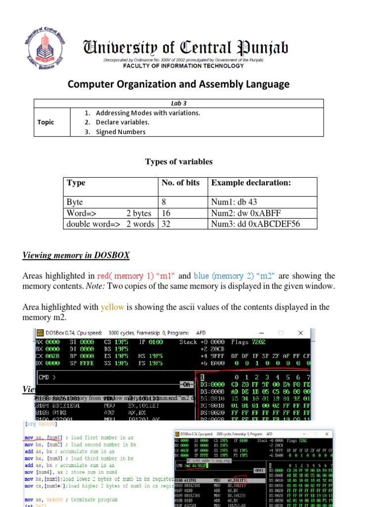 COAL Lab Manual 3 Part 1 | PDF | Integer (Computer Science) | Variable ...