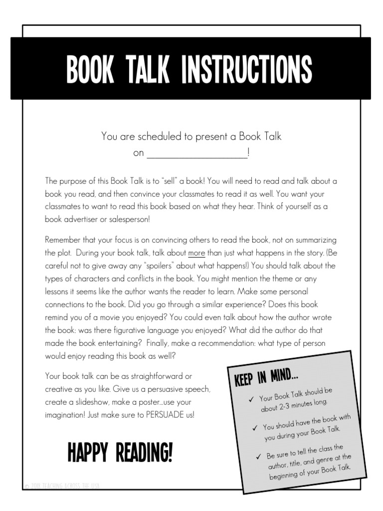 Book Talk Instructions: Happy Reading! | PDF