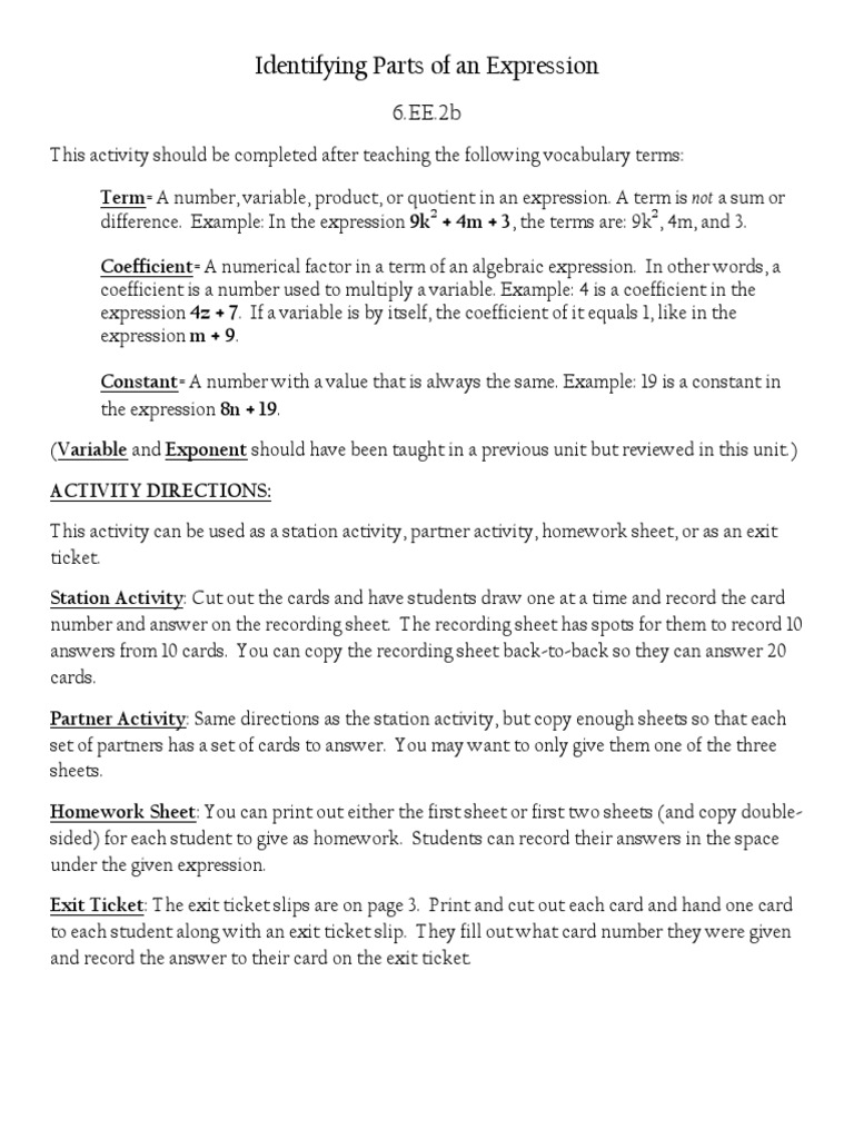 1-Identifying Parts of An Expression Activity PDF | PDF | Numbers ...