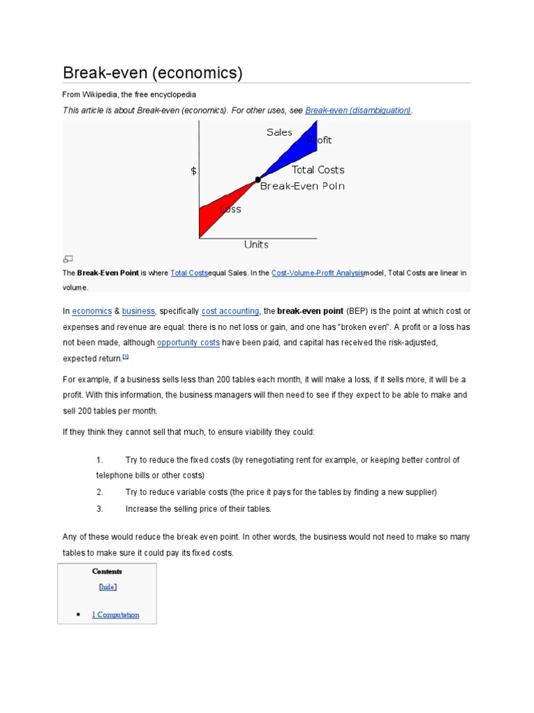 This Article Is About Break-Even (Economics) - For Other Uses, See ...