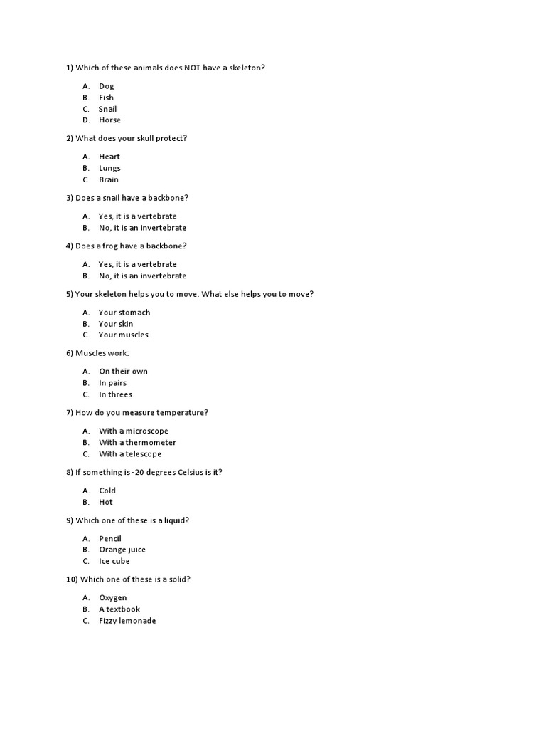 Grade 4 Science Quiz Questions | PDF | Skeleton | Infection
