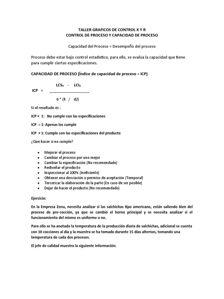 TALLER GRAFICOS DE CONTROL X Y R Capacidad Del Proceso | PDF
