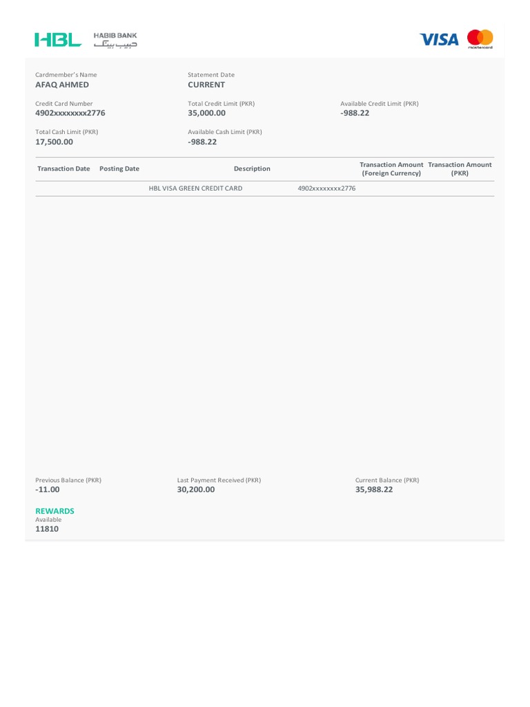 HBL Visa Green Credit Card Statement | PDF