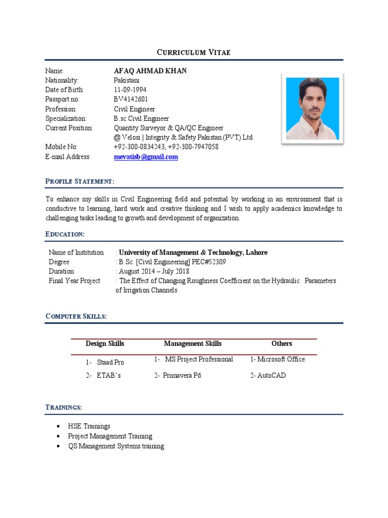 Civil Engineer CV: Afaq Ahmad Khan | PDF | Engineering | Business