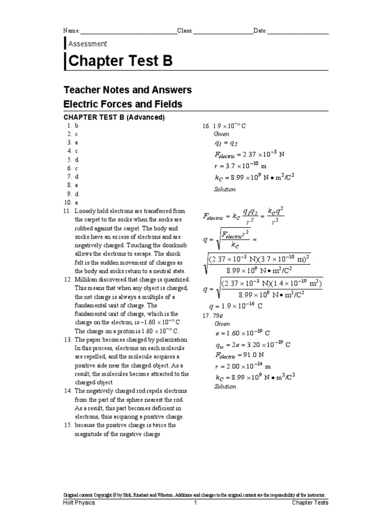Chapter Test B: Teacher Notes and Answers Electric Forces and Fields ...