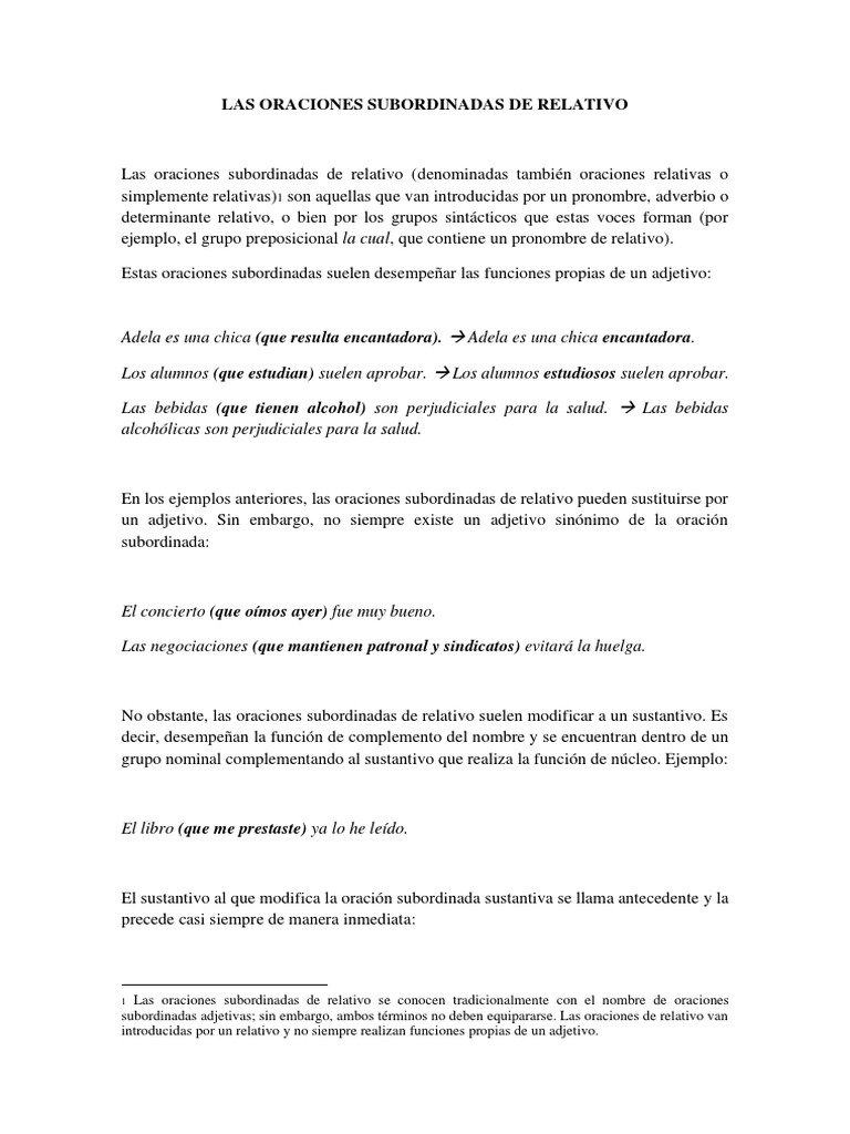 Las Oraciones Subordinadas de Relativo PDF | PDF | Oración (Lingüística ...