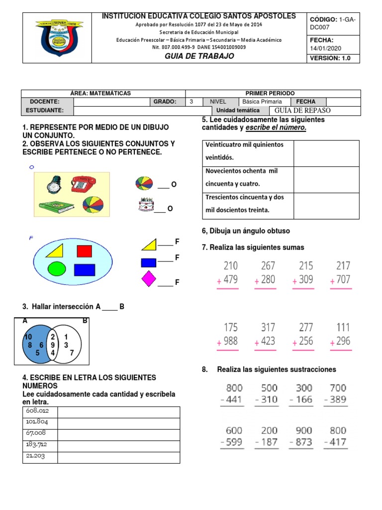 GUIAS REPASO 1 Matematicas TERCER GRADO | PDF | Aprendizaje ...