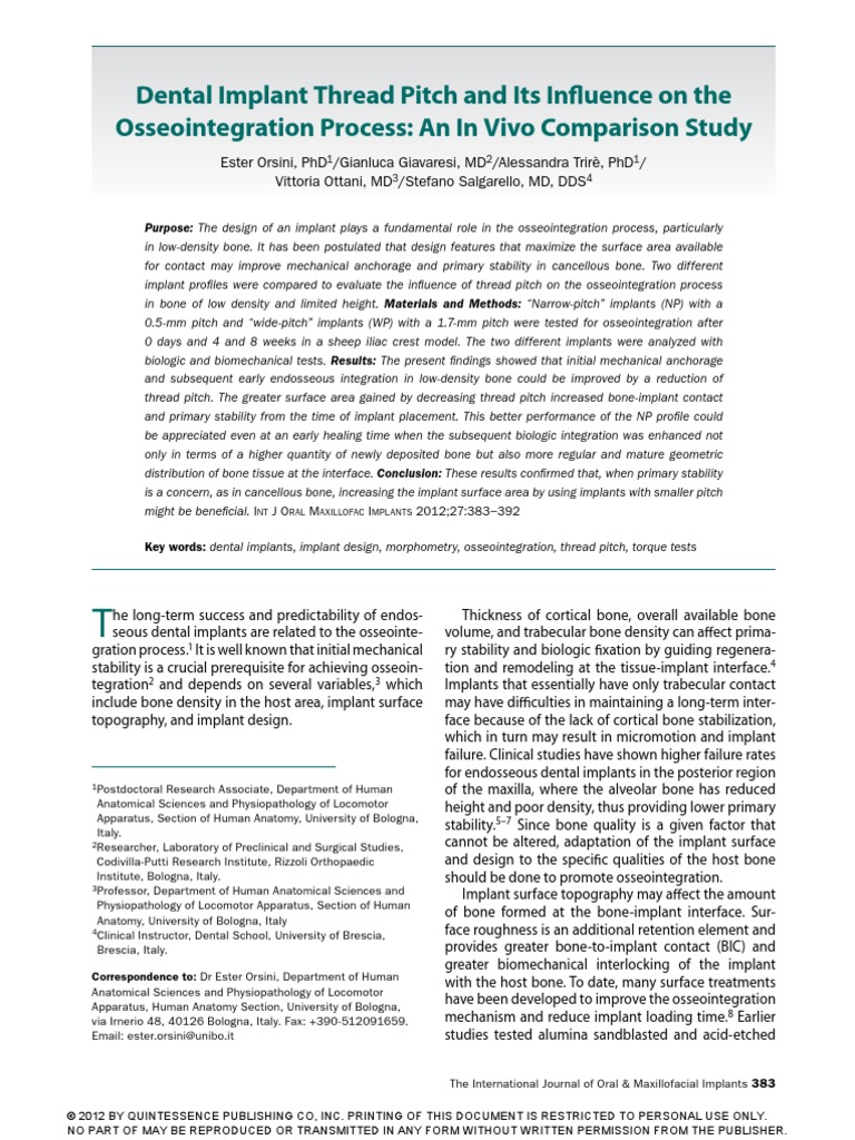 Dental Implant Thread Pitch and Its Influence On The Osseointegration ...