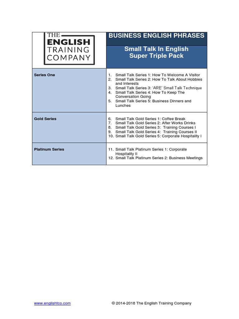 Small Talk in English - Series One Pack | PDF | Lunch | Food And Drink