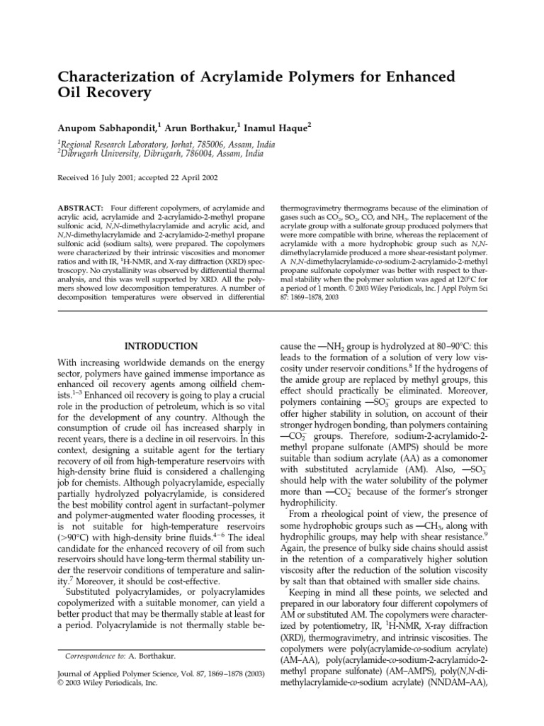 Characterization of Acrylamide Polymers For Enhanced Oil Recovery | PDF ...