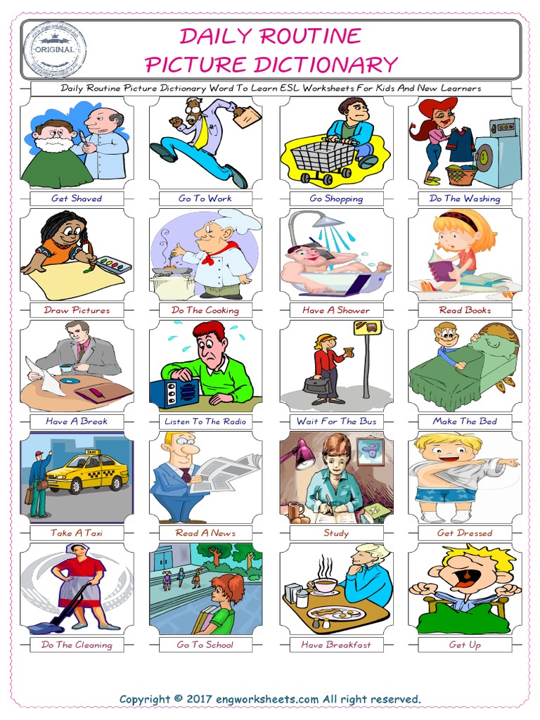 Daily Routine Picture Dictionary Word To Learn ESL Worksheets For Kids ...