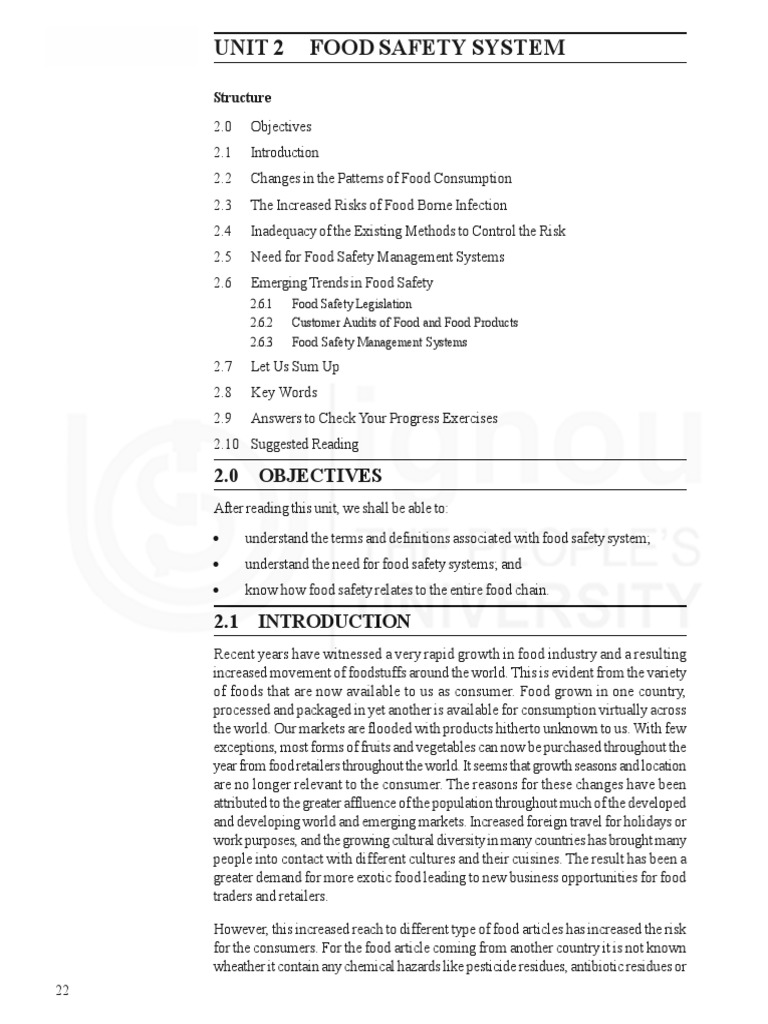 Unit 2 Food Safety System: 2.0 Objectives | PDF | Food Safety | Hazard ...