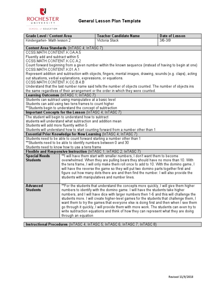 Kindergarten Math Lesson Plan Template | PDF | Pedagogy | Neuropsychology